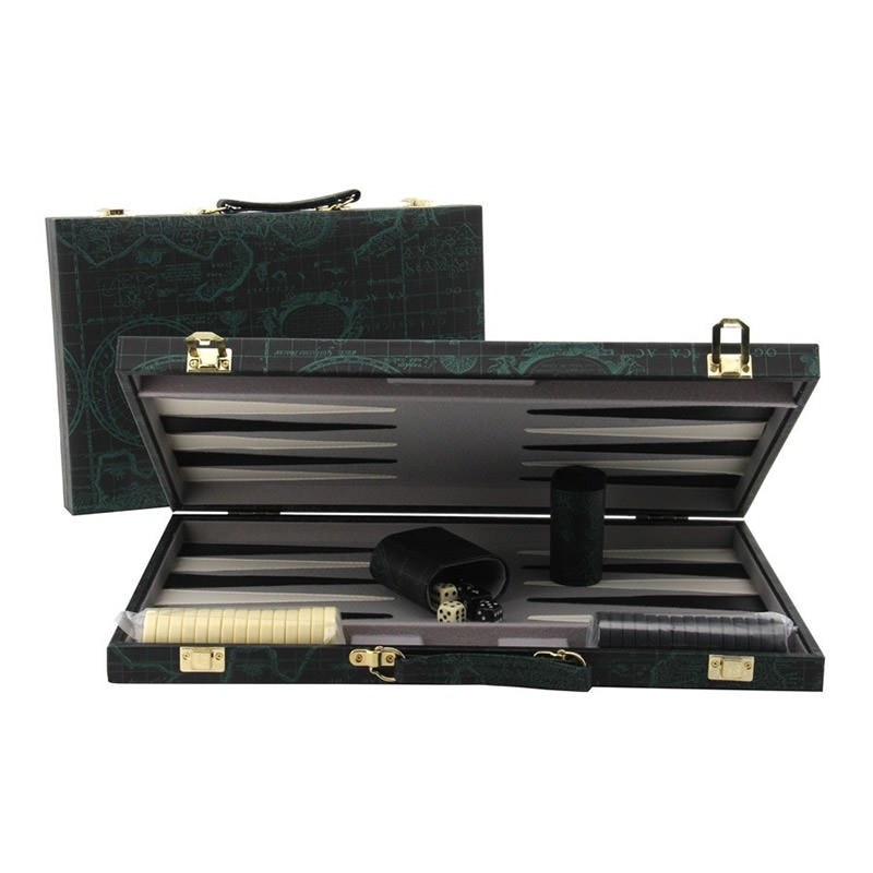 Backgammon Set with Green World Map Case - 18", Board Game | Sanity